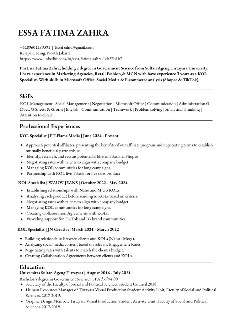 Essa Fatima Zahra KOL Specialist Resume | PDF