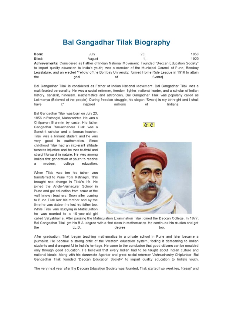 Bal Gangadhar Tilak Biography | PDF | Politics (General)