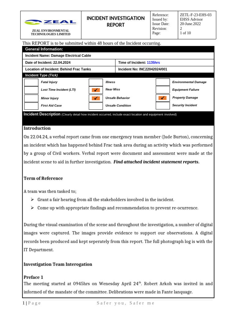 Electrical Cable Damage Incident Report | PDF | Leadership | Hazards