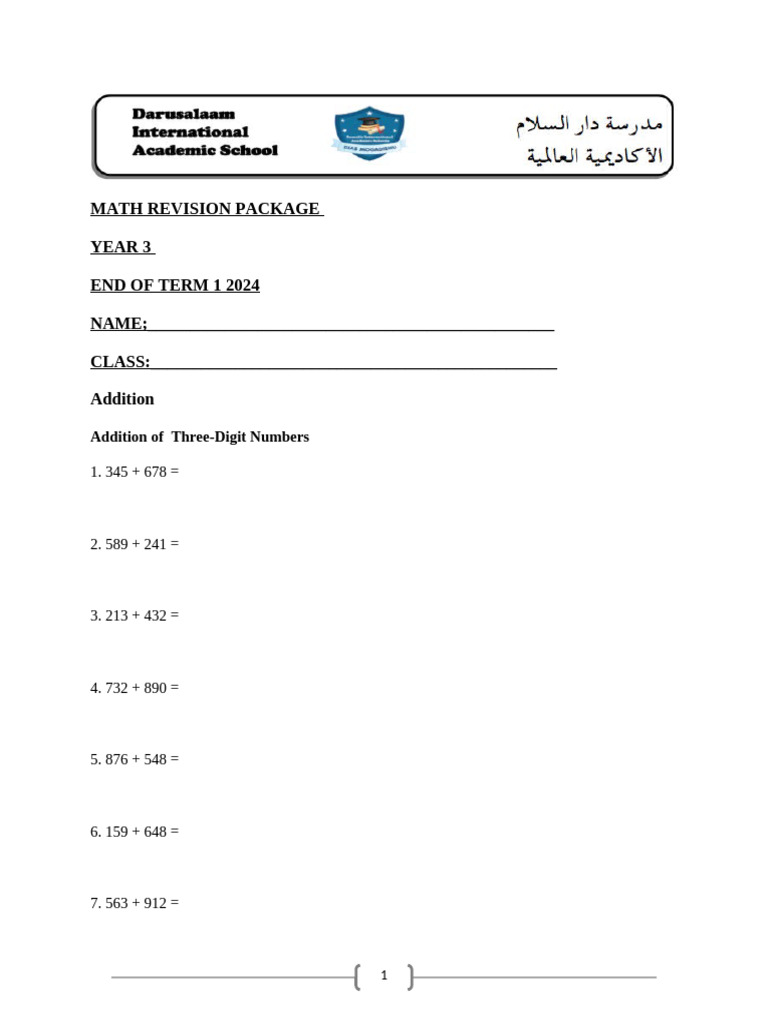 Year 3 Math Revision Package 2024 | PDF | Gram
