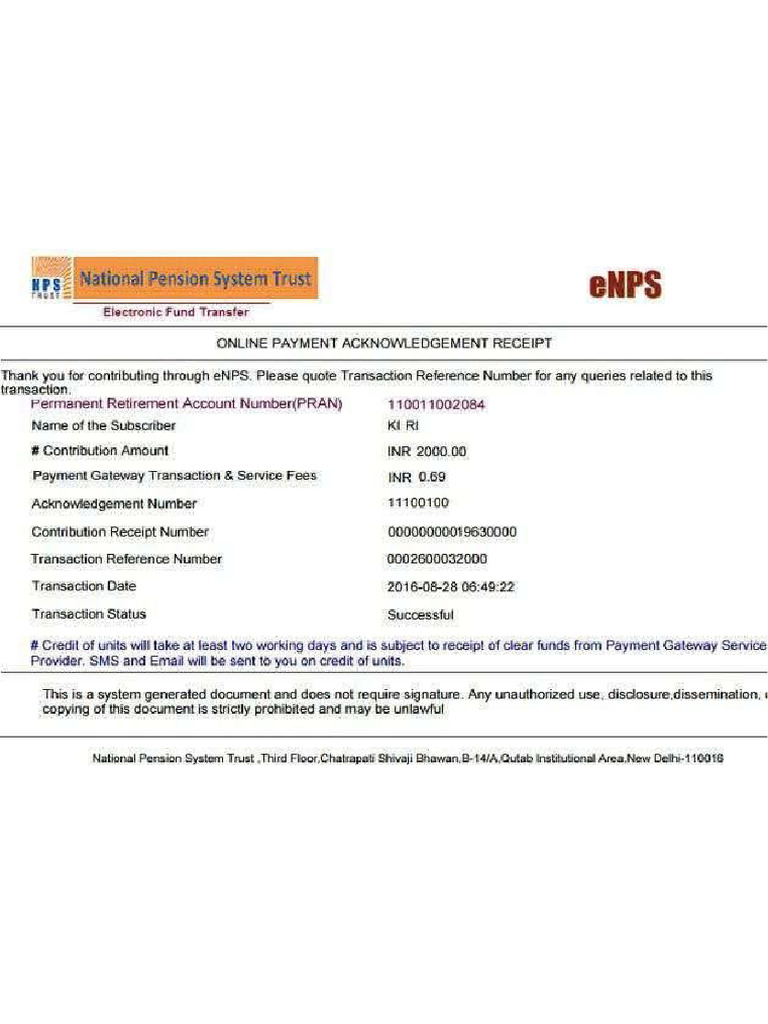 Nps Contribution Payment Receipt | PDF