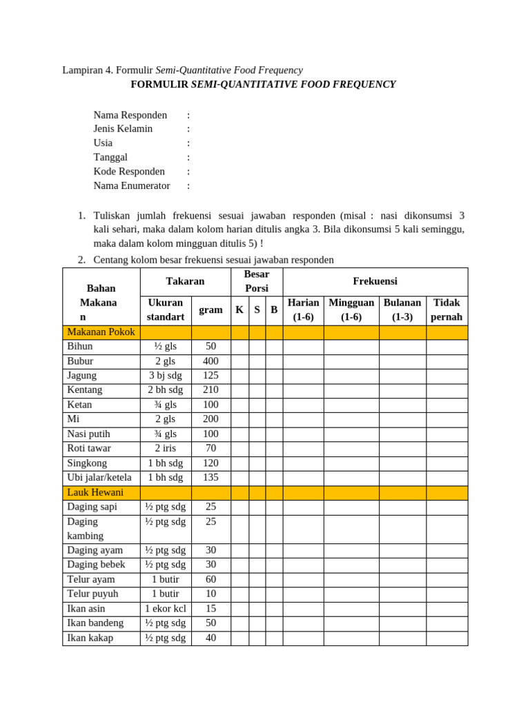 Formulir Frekuensi Makanan Semi-Kuantitatif | PDF