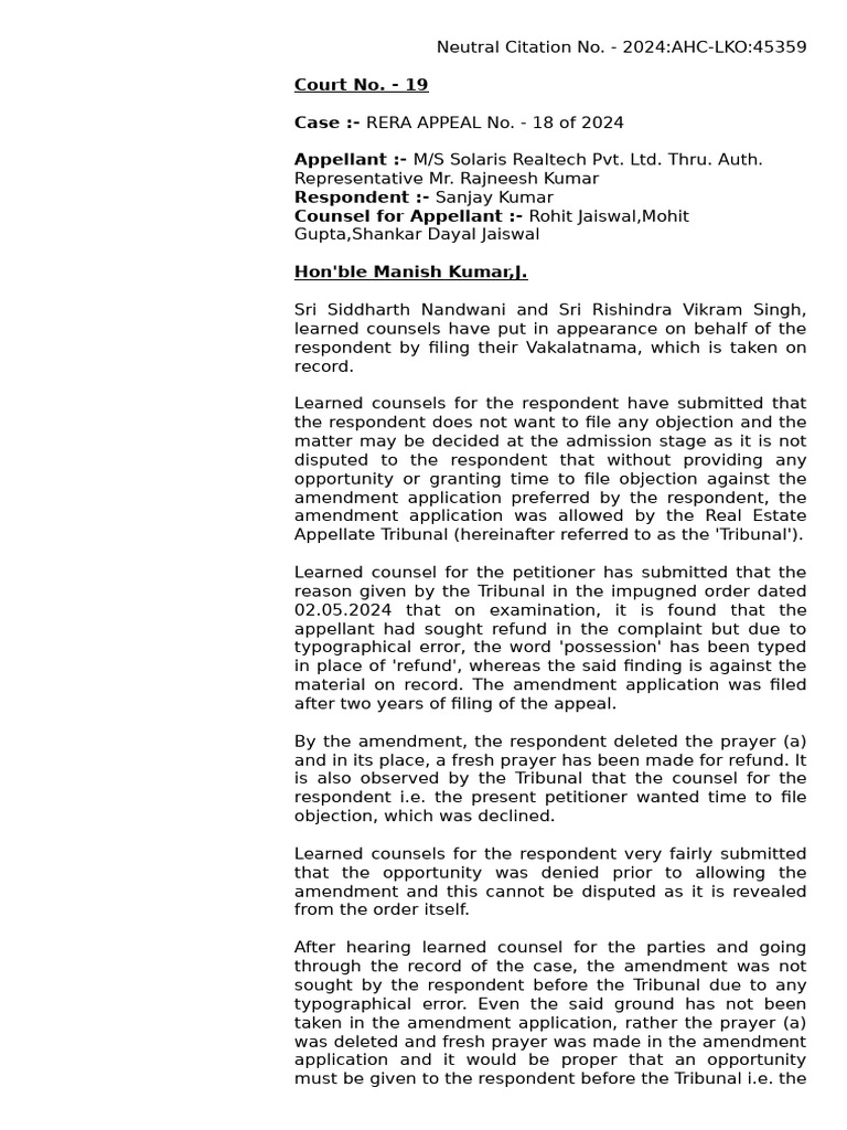 Order DT 04072024 RERA APPEAL No - 18 of 2024 | PDF | Separation Of Powers | Public Law