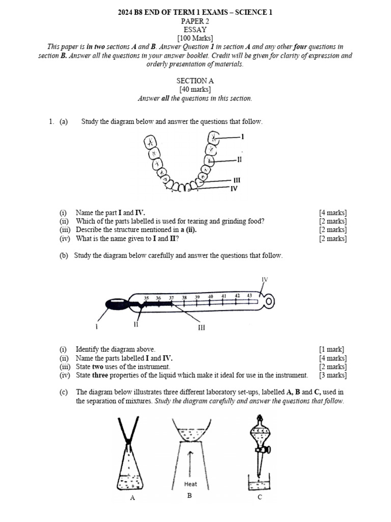 2024 B8 End of Term 1 Exams Science 2 | PDF | Atoms | Waste