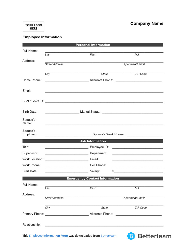 Betterteam Employee Information Form Template Download 20230421 | PDF
