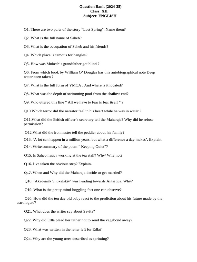Class 12 English Question Bank 2024-25 | PDF