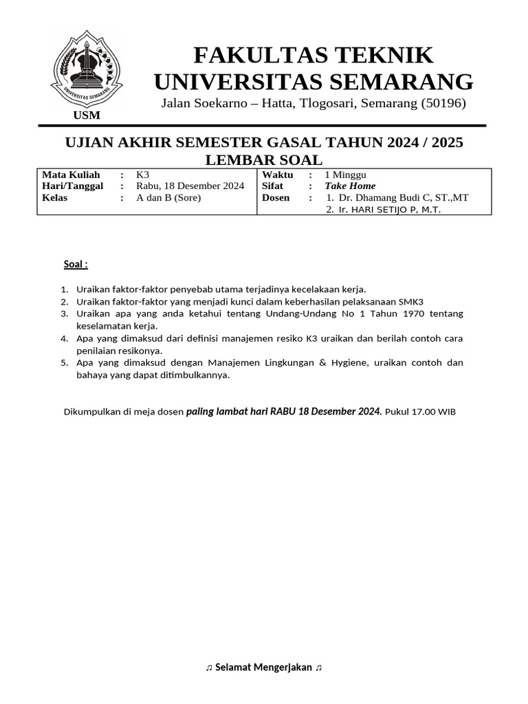 Soal UAS K3 Sore | PDF