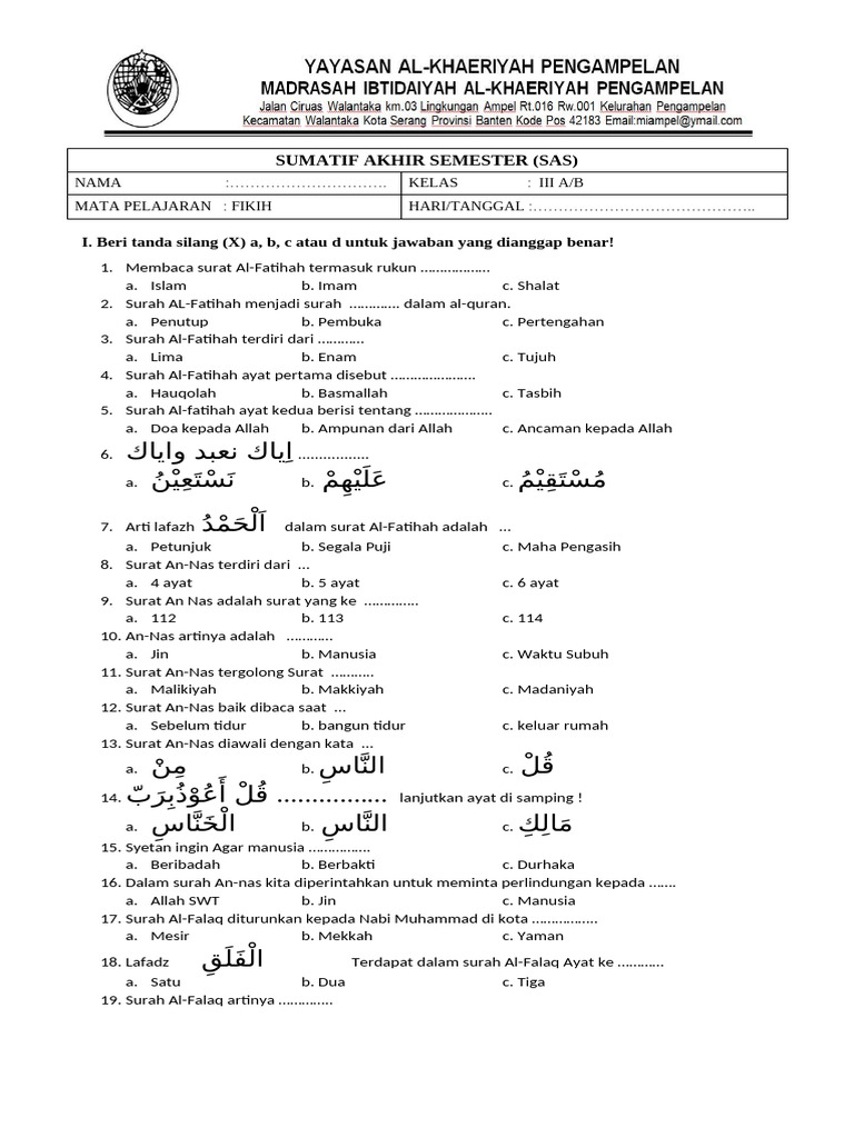 SOAL SAS Quran Hadits kls 3 MI 2024 | PDF