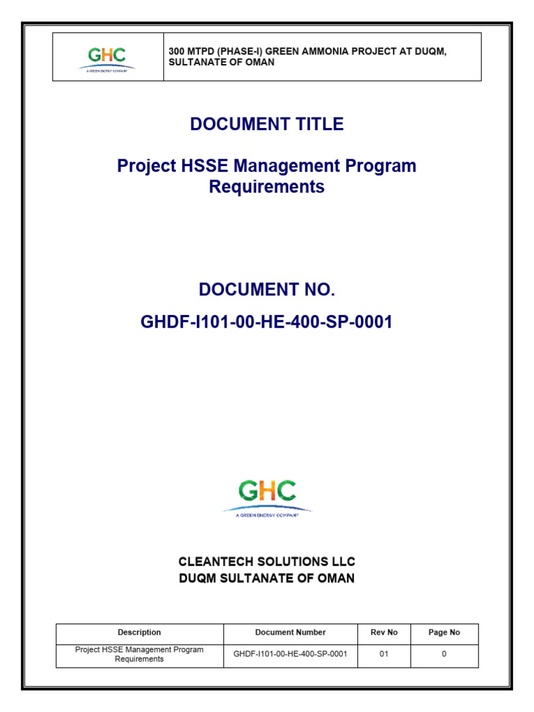 GHDF I101 00 HE 400 SP 0001 - Project HSSE Management Program Requirements - Rev01 | PDF | Risk ...