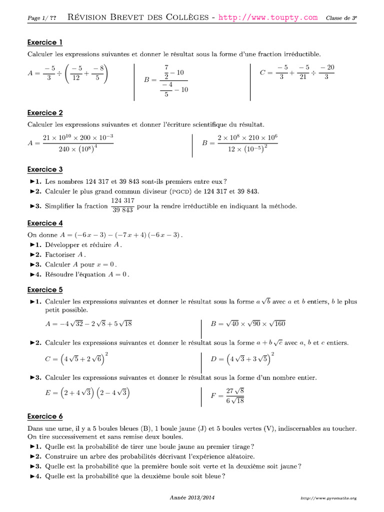 Exercices Créés Par Pyromaths, Un Logiciel Libre en Python Sous Licence ...