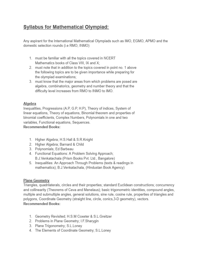 Syllabus For Mathematical Olympiad | PDF | Equations | Number Theory