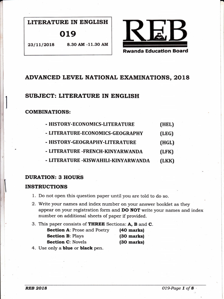 2019 Advanced Level English Literature Exam | PDF
