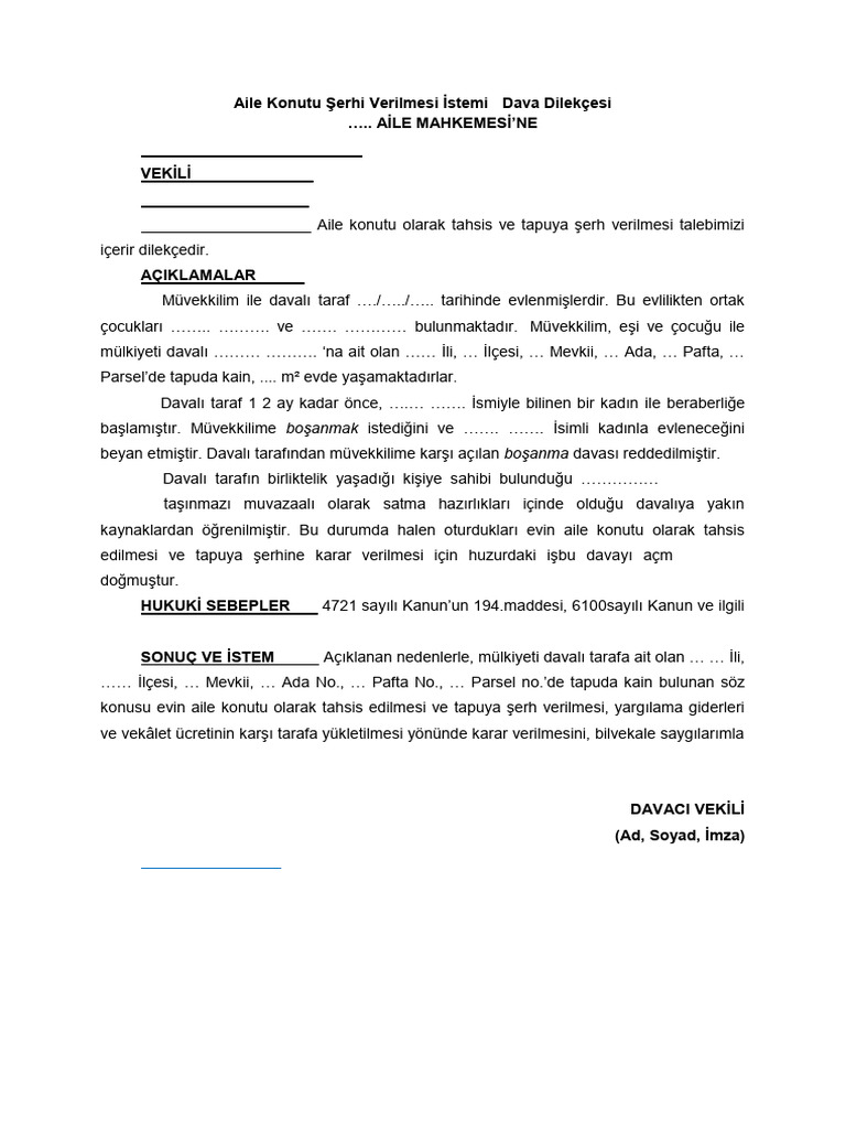 Aile Konutu Serhi Verilmesi Istemi Dava Dilekcesi | PDF