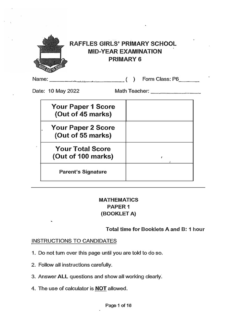P6 Maths SA1 2022 Raffles Exam Papers | PDF