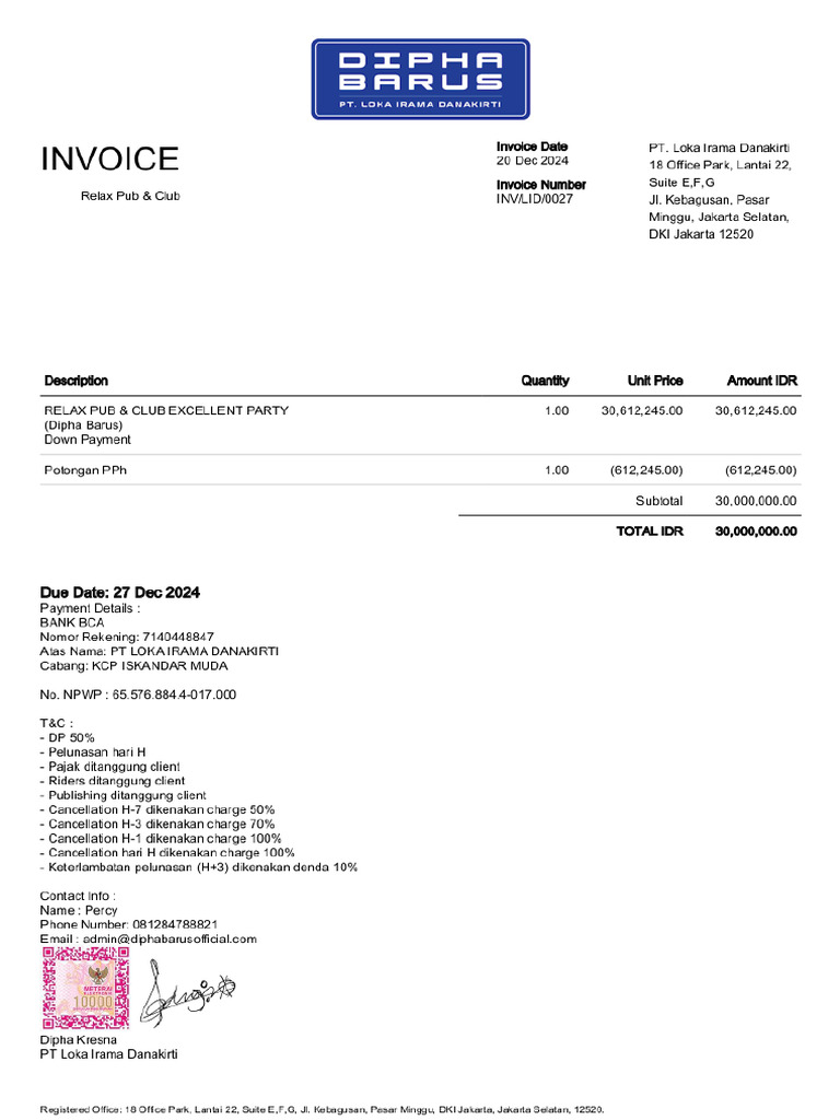 Invoice Inv - Lid - 0027 - Relax Pub & Club Excellent Party - Sign | PDF
