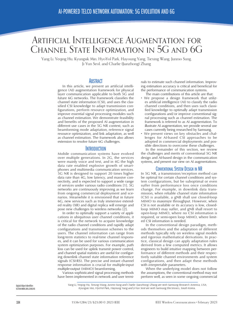 Artificial Intelligence Augmentation For Channel State Information in 5G and 6G | PDF | Mimo ...