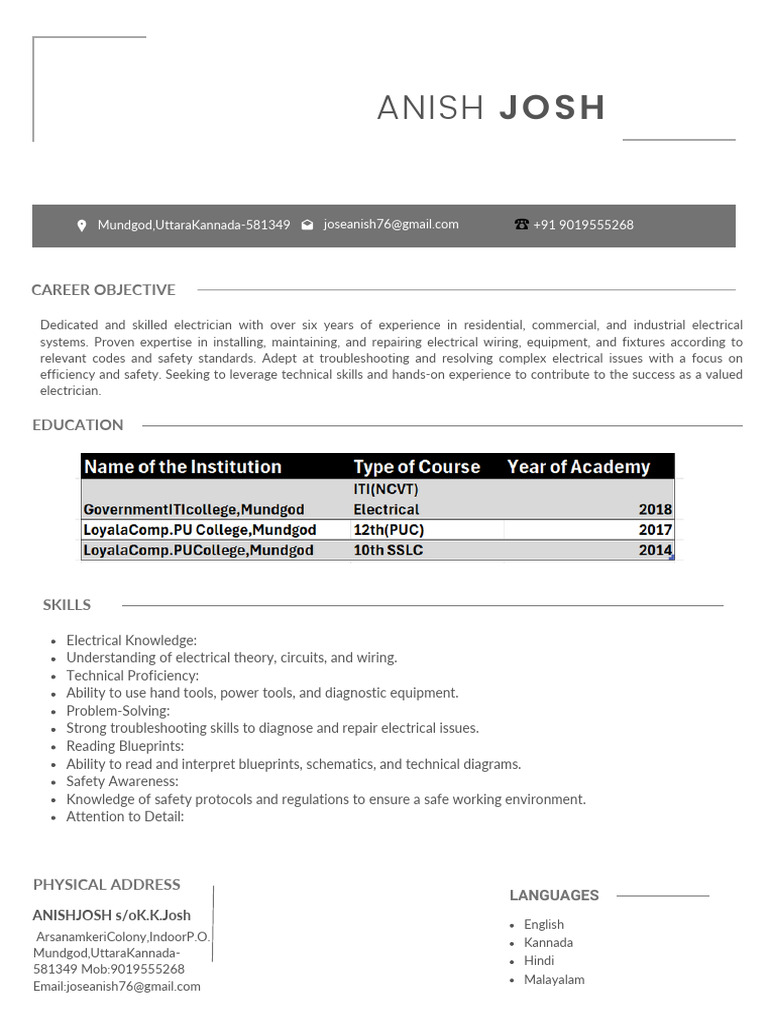 CV anish | PDF | Electrician | Safety