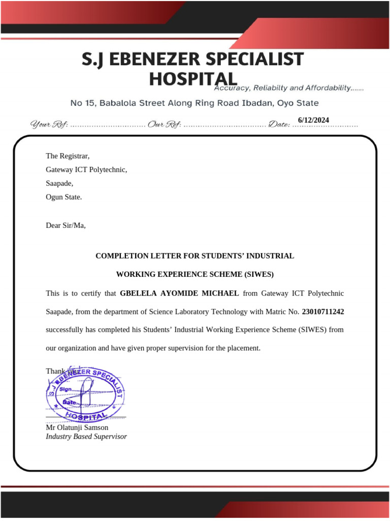 SIWES Completion Confirmation | PDF