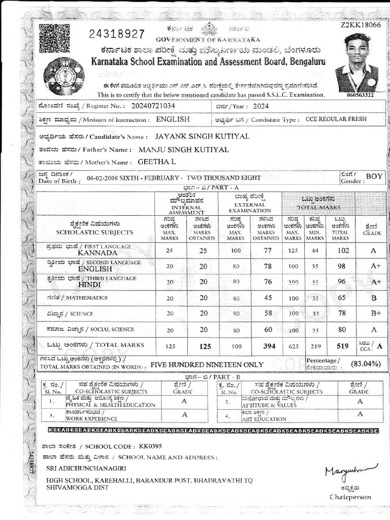 Karnataka SSLC Examination Certificate | PDF