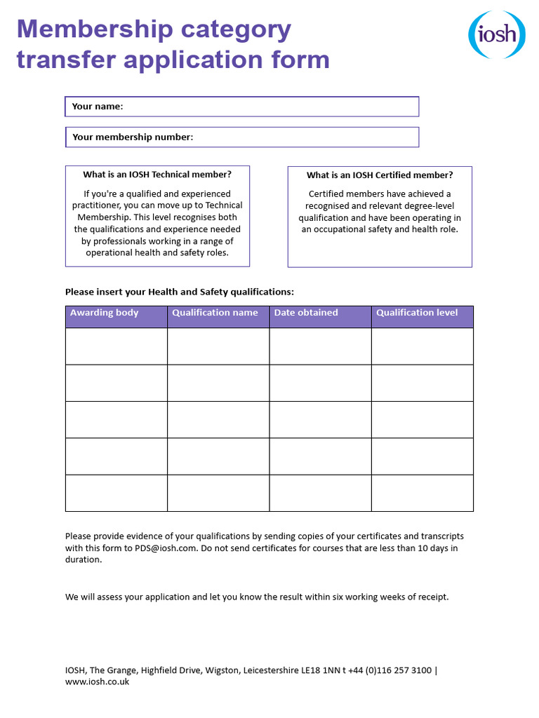 Iosh Membership Category Transfer Form | PDF | Health Care