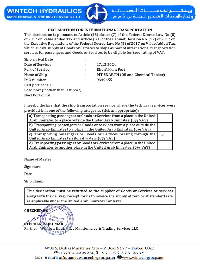 Declaration For International Transportation Zero Rated - MT Snarth | PDF
