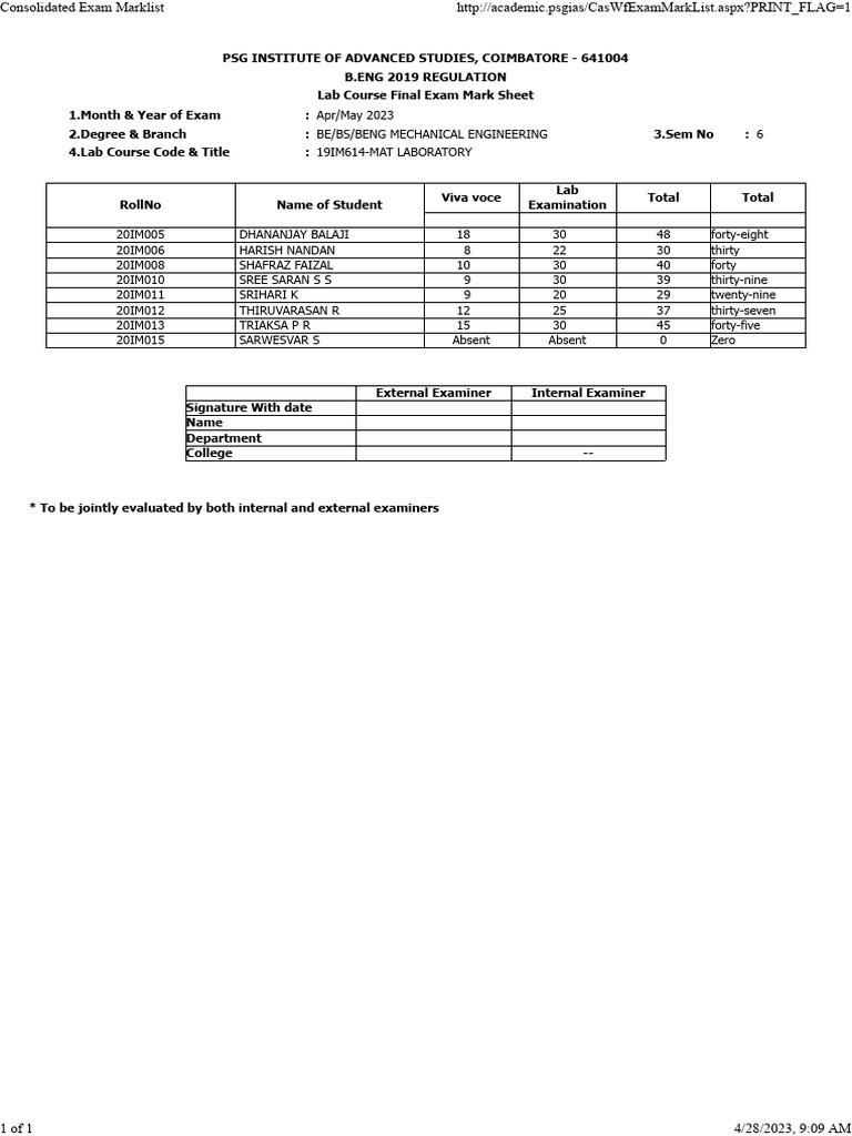 Consolidated Exam Marklist | PDF