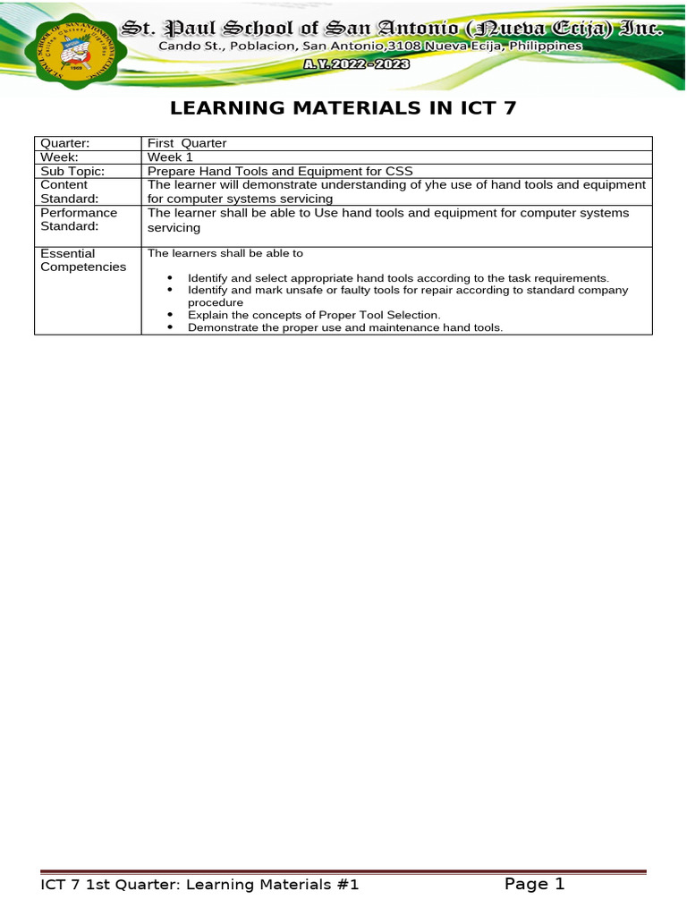 Module ICT 7 Q1 Week1 2 | PDF | Tools | Computer Data Storage