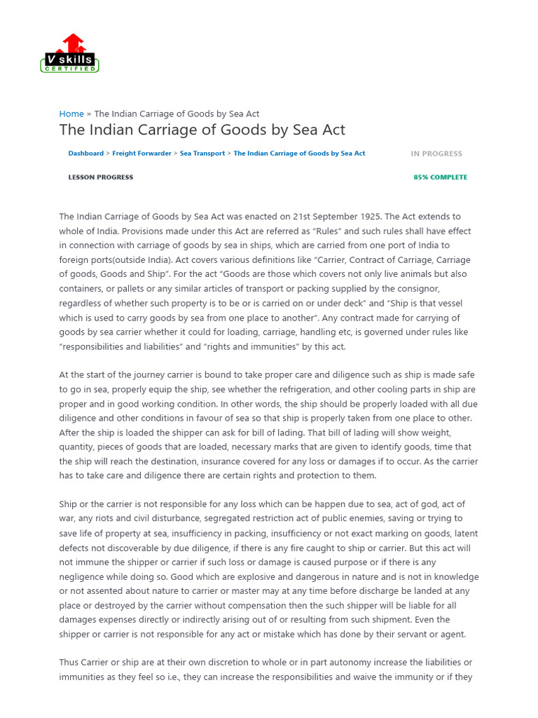 Indian Carriage of Goods by Sea Act | PDF | Bill Of Lading | Cargo