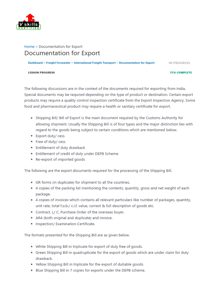 Documentation For Export - Vskills LMS | PDF | Insurance | Cargo