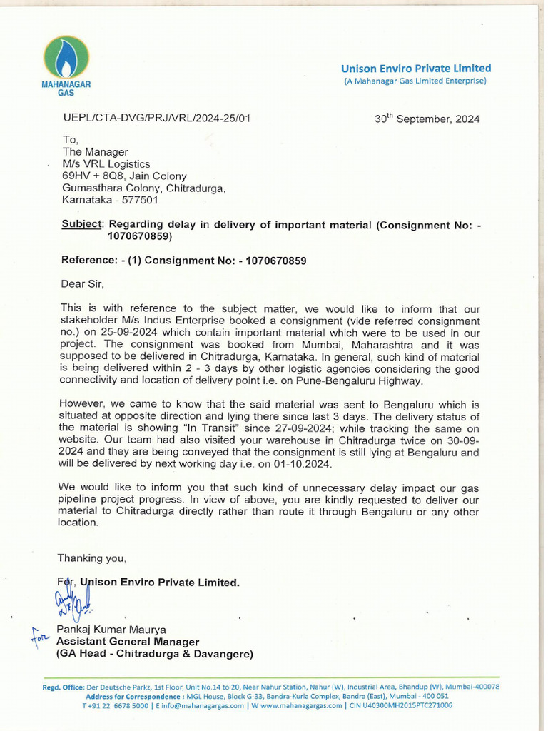 Letter to VRL-Regarding Delayed Delivery of Consignment | PDF
