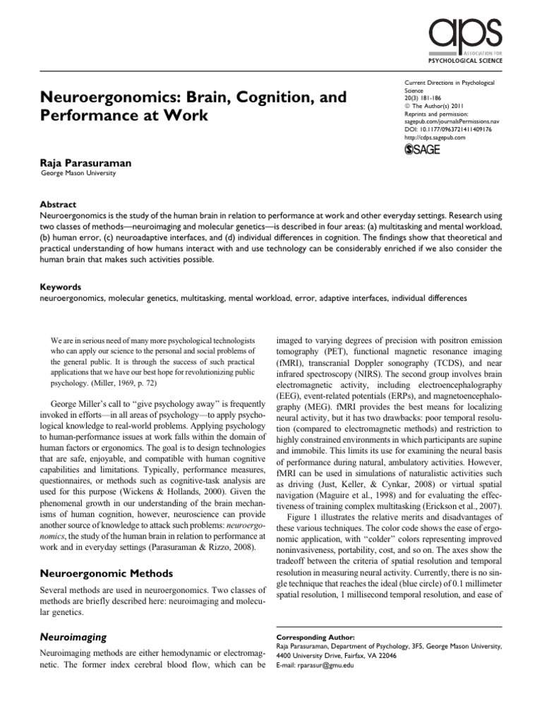 Neuroergonomics: Brain, Cognition, and Performance at Work: Raja ...