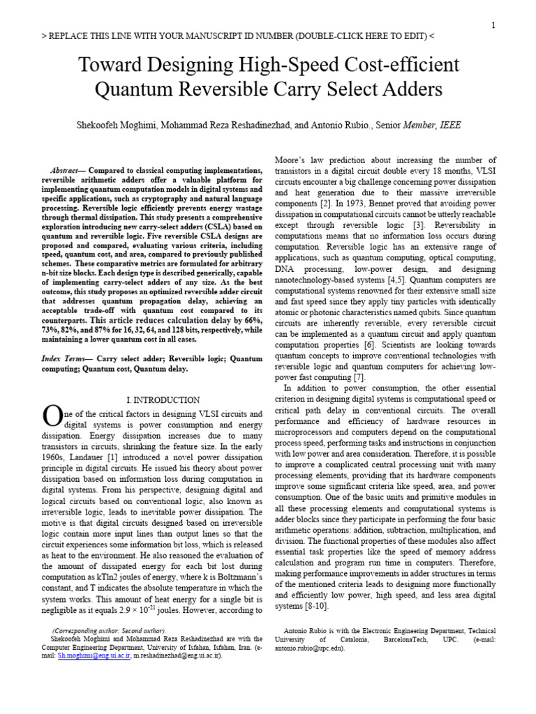 Toward Designing High-Speed Cost-Efficient Quantum Reversible Carry Select Adders | PDF