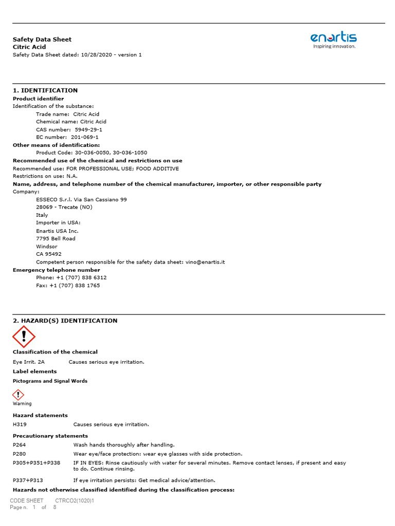 SDS-US-EN-CitricAcid,FoodGrade | PDF | Personal Protective Equipment | Dangerous Goods