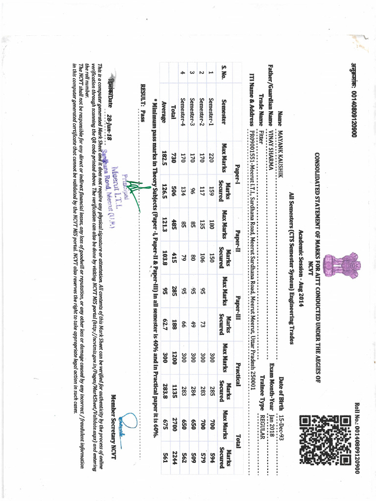 Mayank ITI Marksheet | PDF
