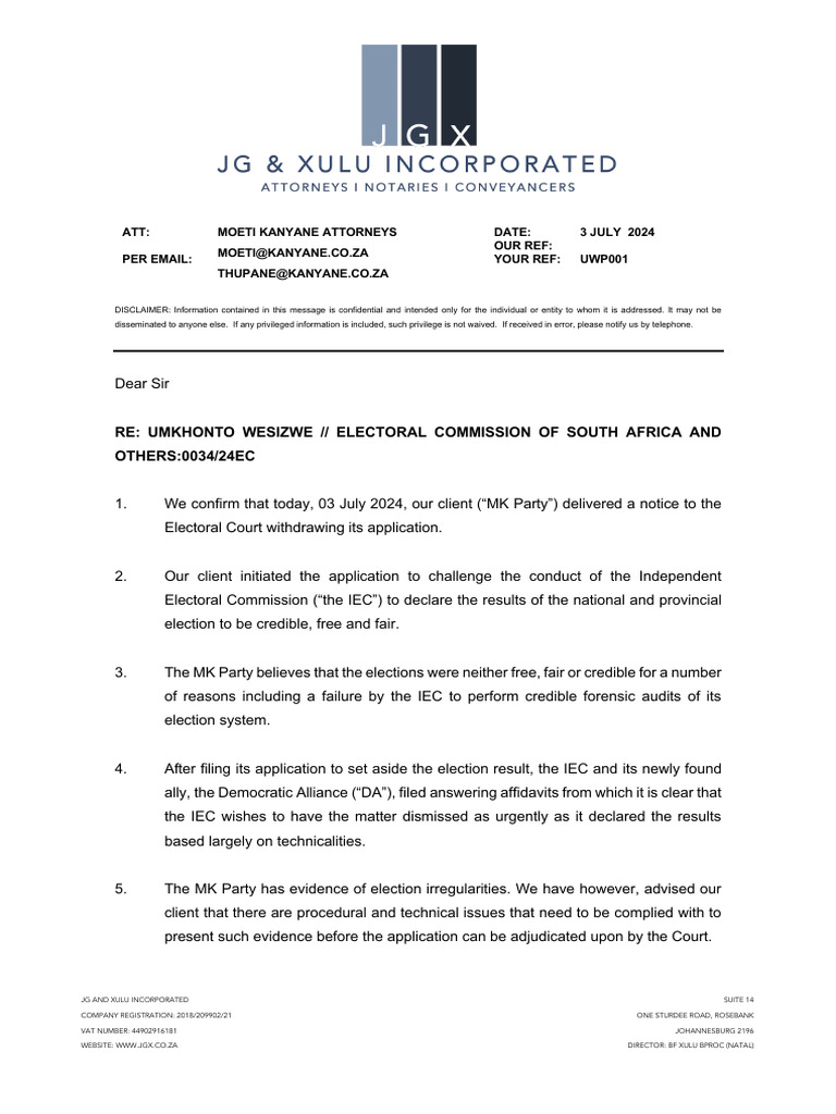 JGX Letter I Uwp001 I Moeti Kanyane I 3 July 2024 | PDF | Government ...