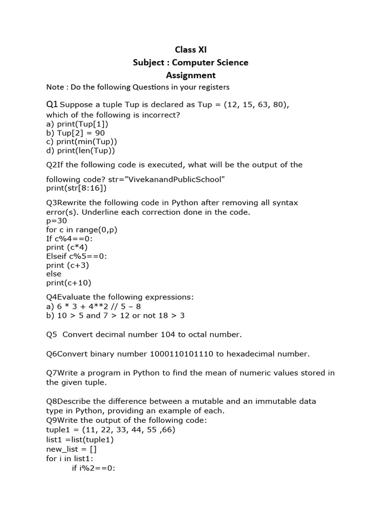 Class XI CS Assignment | PDF | Computing | Computer Programming