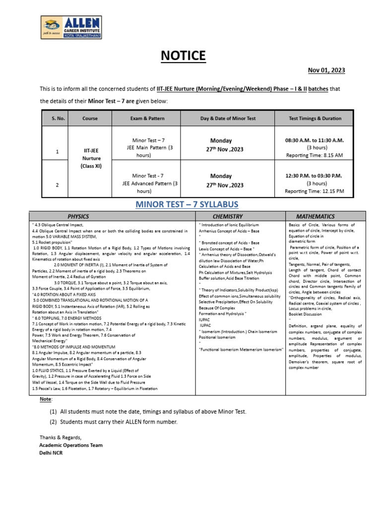 1 - JEE - Notice - Nurture - Phase-I & II - MT-7 On 27-Nov-2023 | PDF ...