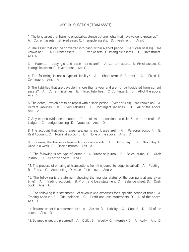 Acc 101 Questions. (Team Asset) | PDF | Debits And Credits | Balance Sheet