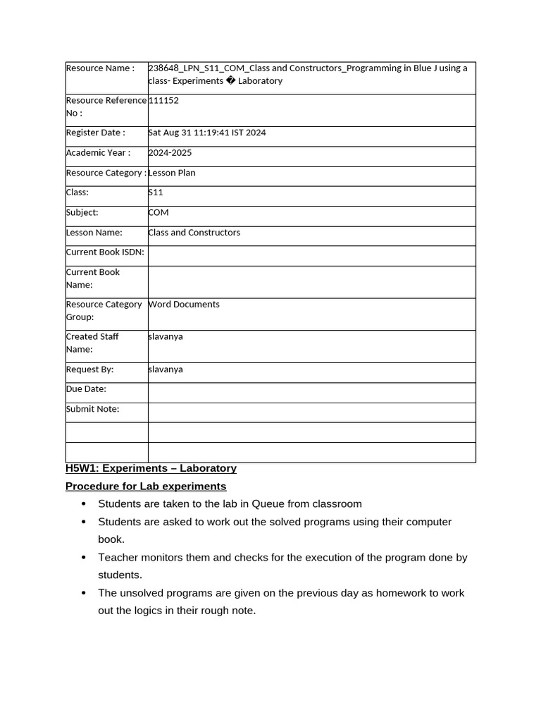 Class and Constructors Lab Plan for S11 | PDF
