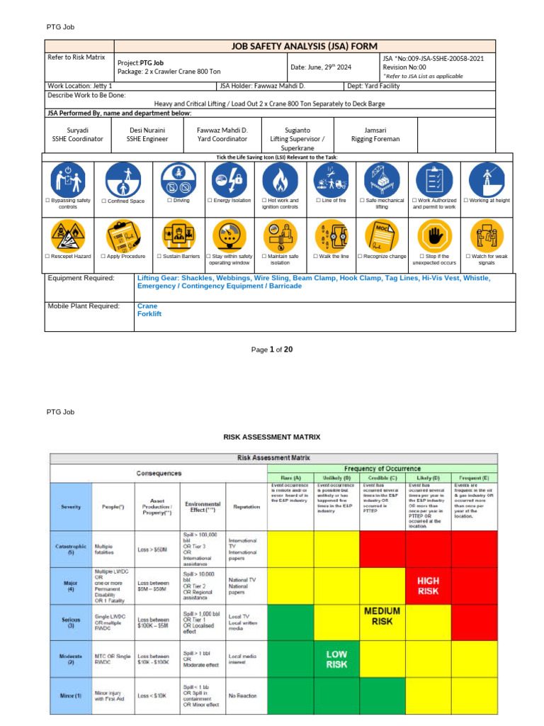 JSA Heavy and Critical Lifting - Load Out Crane To Deck Barge | PDF | Crane (Machine) | Personal ...