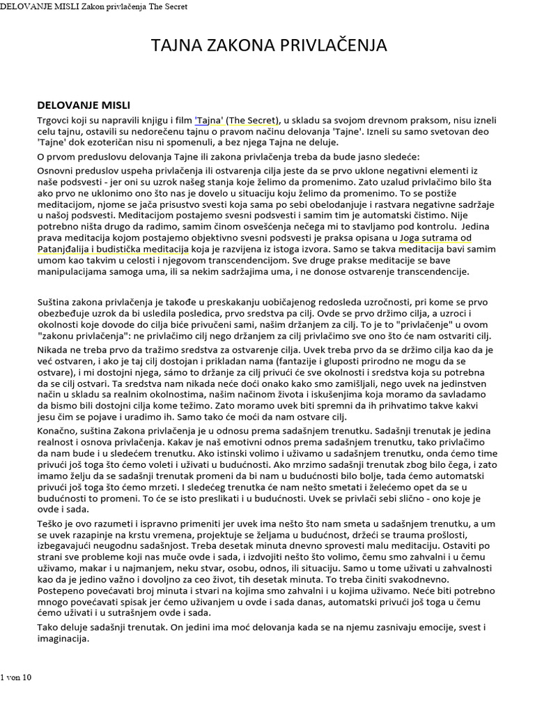 Tajna Zakona Privlačenja - Delovanje Misli - Ivantic - Info | PDF