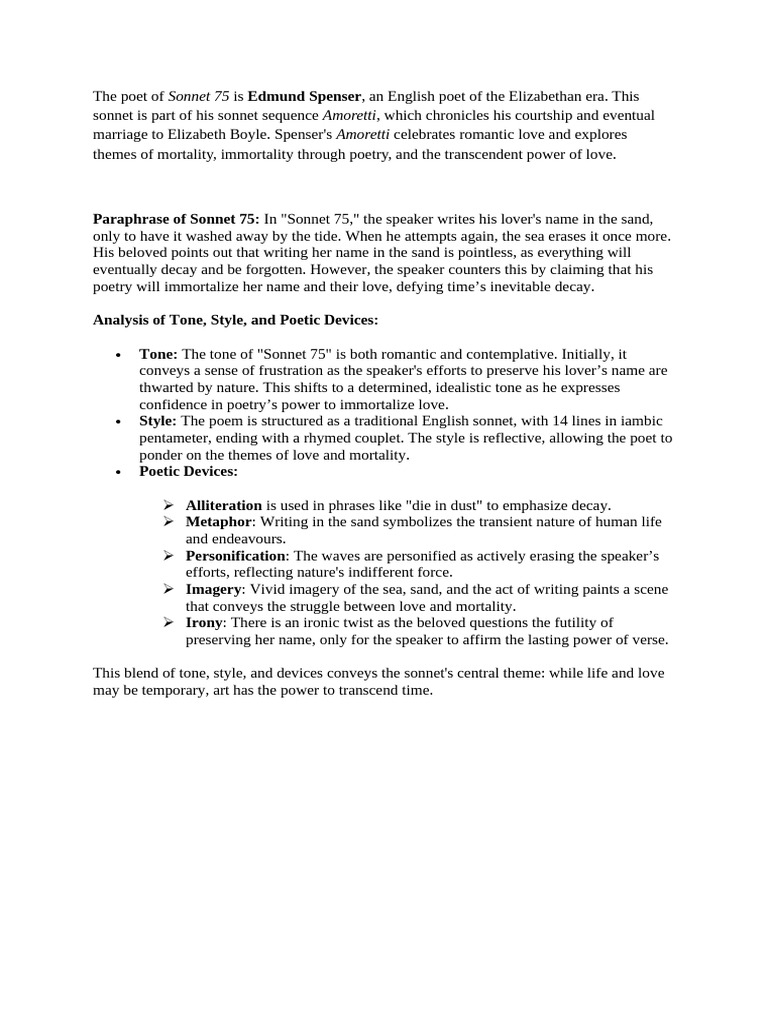 Sonnet 75 Analysis of Tone, Style & Poetic Devices | PDF