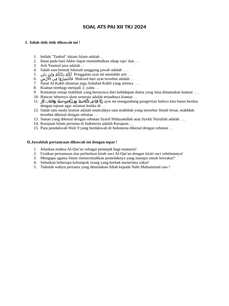 SOAL ATS PAI XII TKJ 2024 .. | PDF