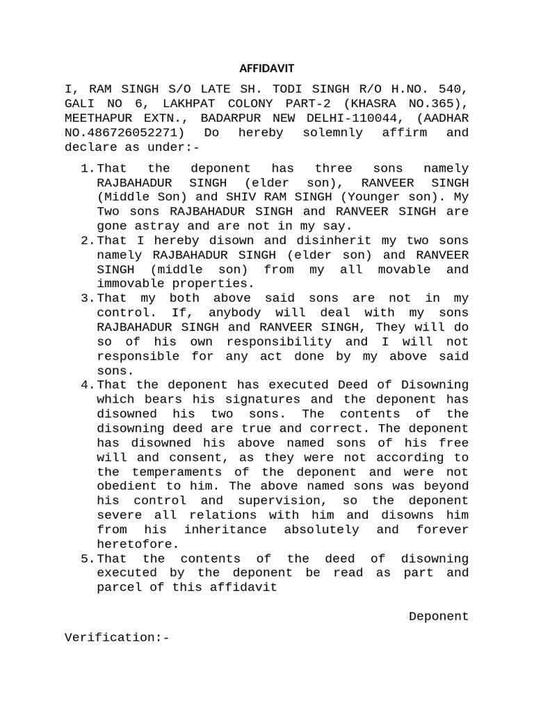 Disownment Deed of RAM SINGH | PDF | Legal Procedure | Civil Law ...