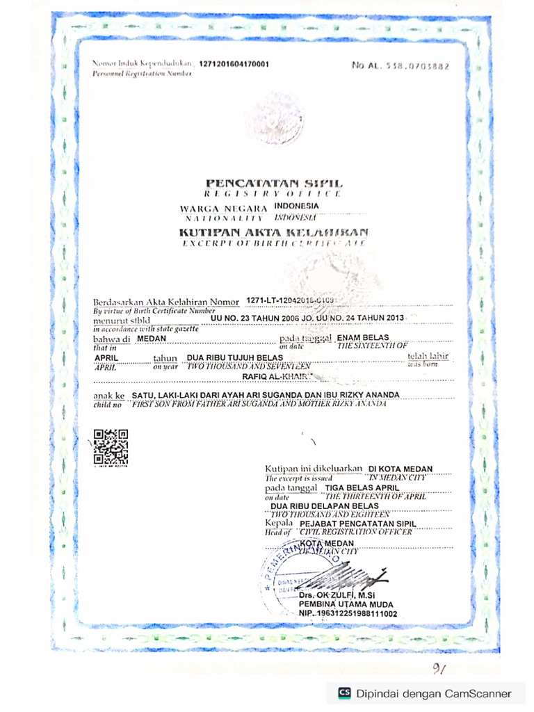 Akte Lahir Rafiq Al Khairy | PDF