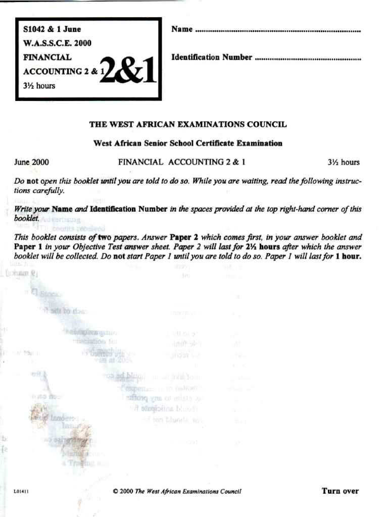 2000 NovDec WASSCE WAEC Financial Accounting Paper 1 2objectives Theory ...