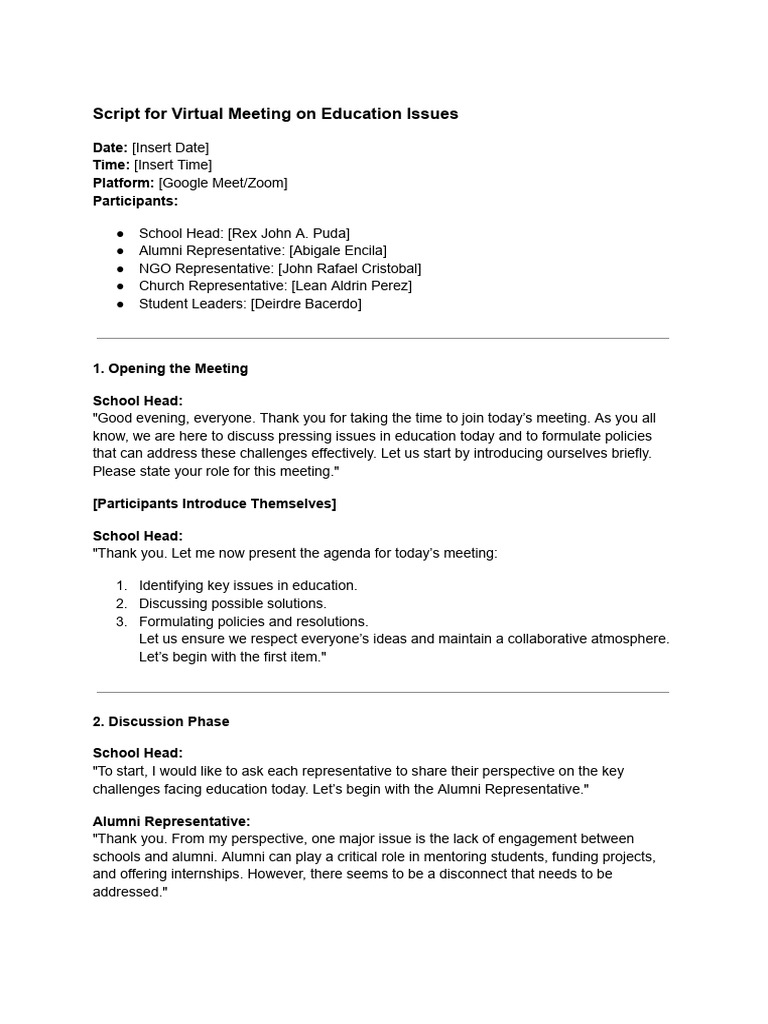 Script for Virtual Meeting | PDF