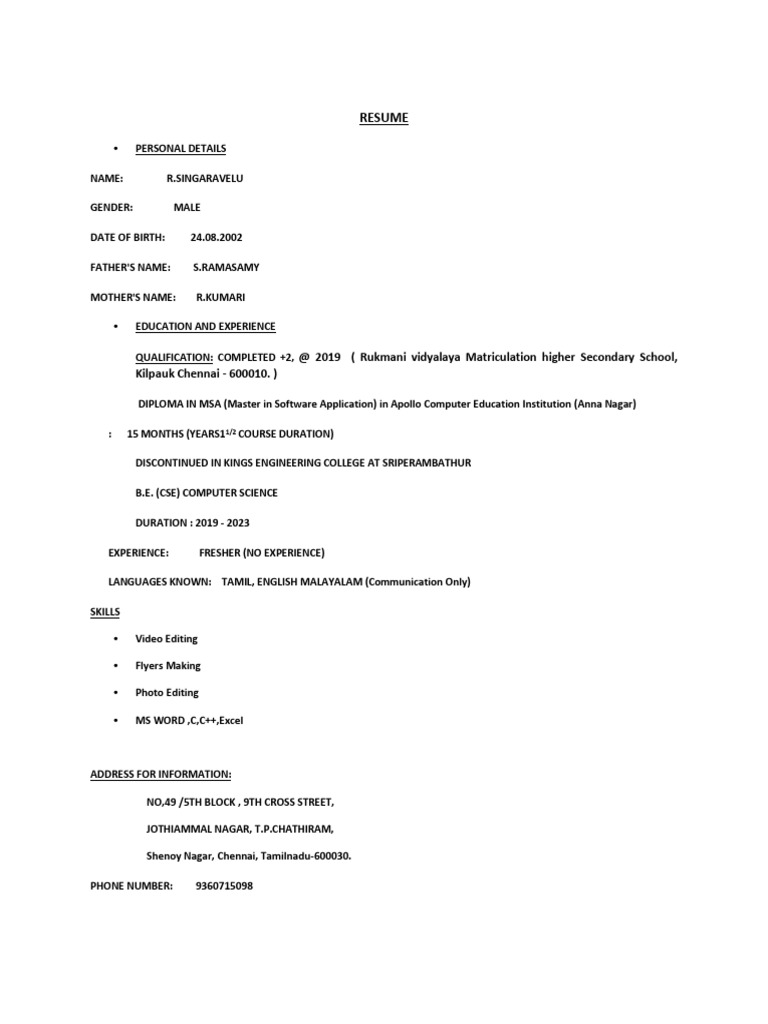 Resume - Singaravelu | PDF