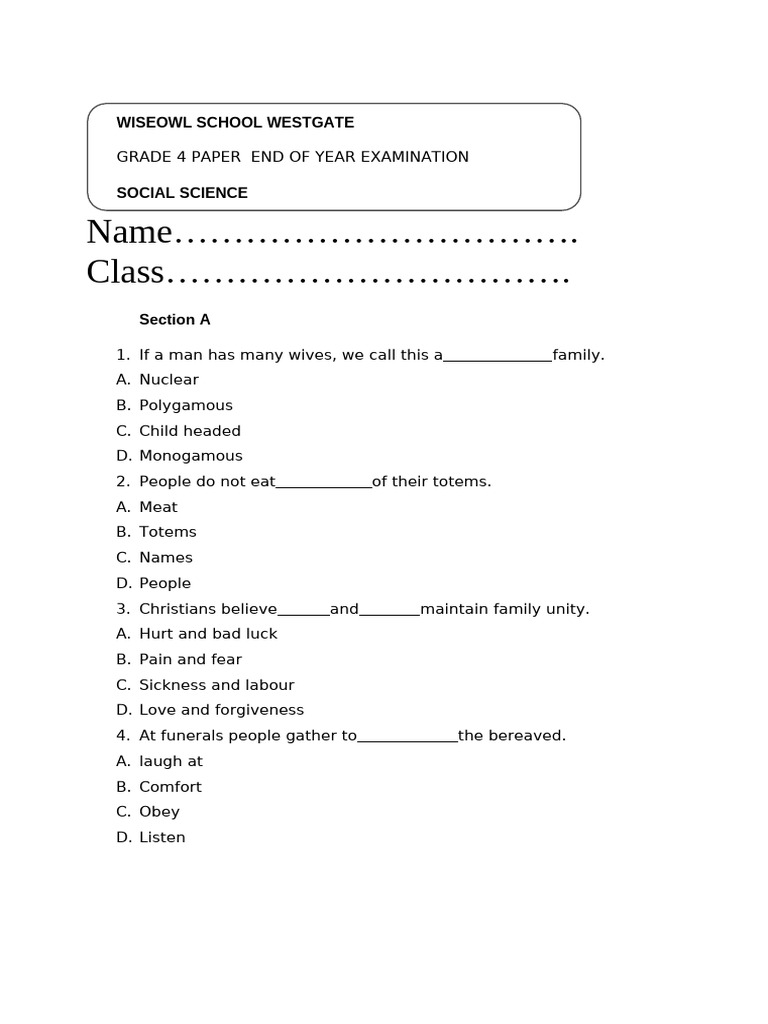 Grade 4 Social Science Exam Paper | PDF
