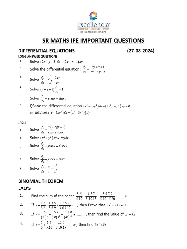 1 Sr Maths Ipe Questions(27!08!2024) | PDF | Mathematics | Mathematical Objects
